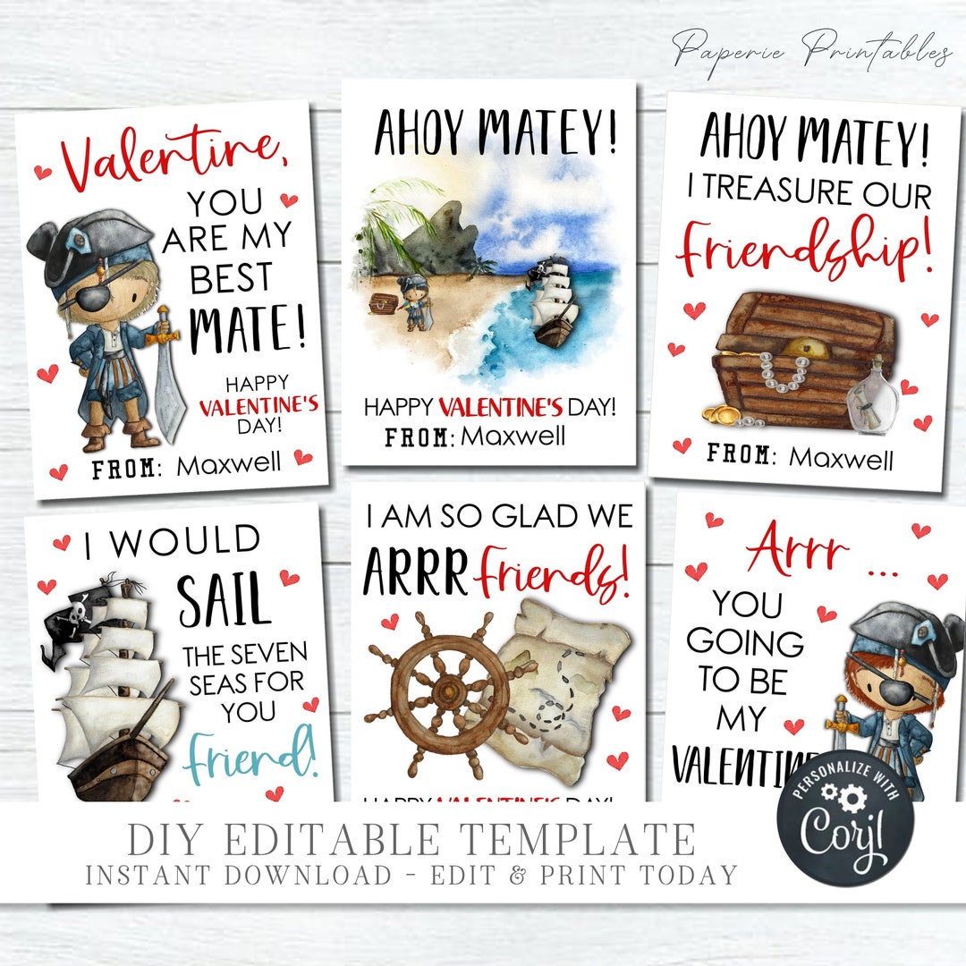 EDITABLE Pirate Valentine Cards, Kid Valentine Cards, School Valentine ...