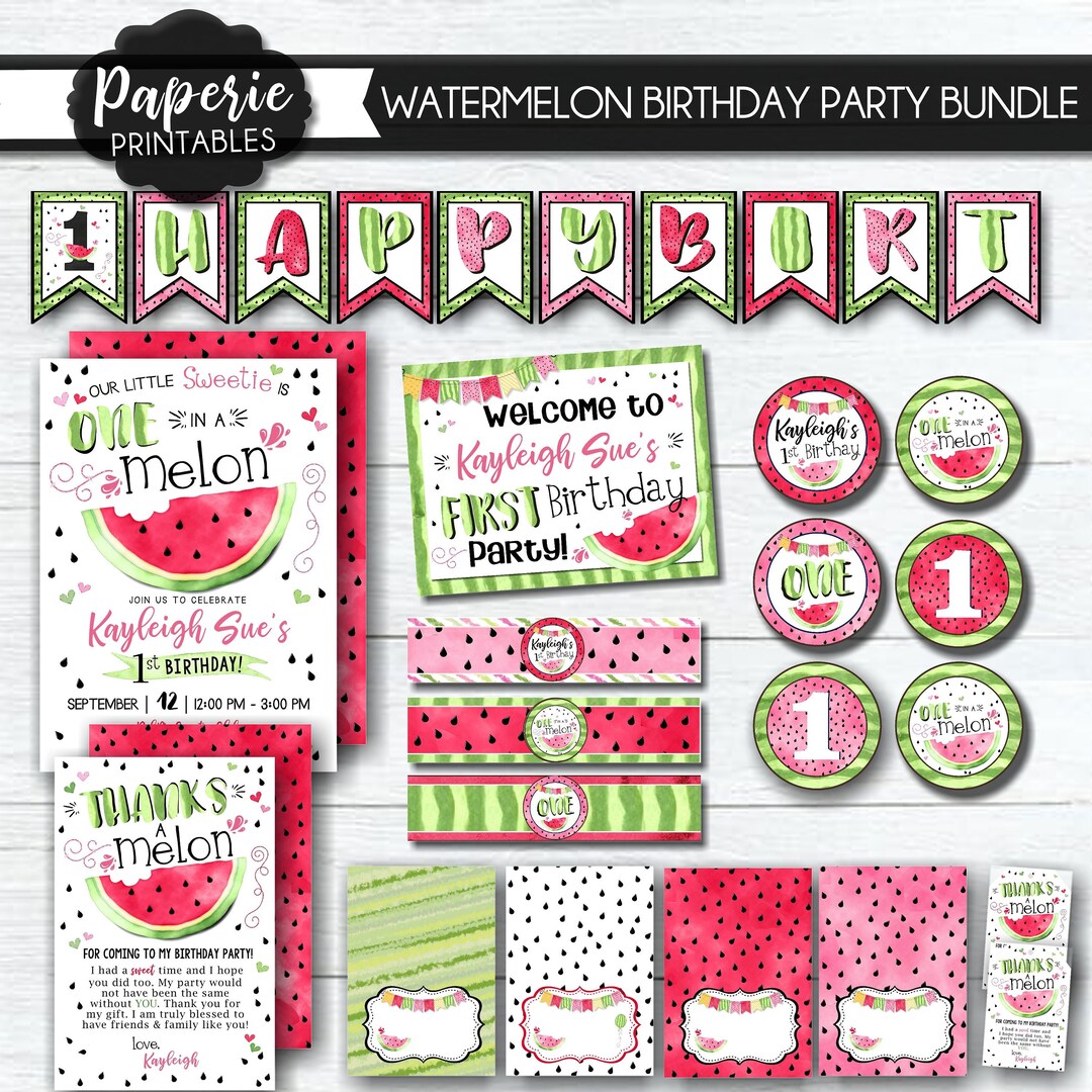 Watermelon Birthday Party Bundle - One in a Melon Birthday Invitation ...