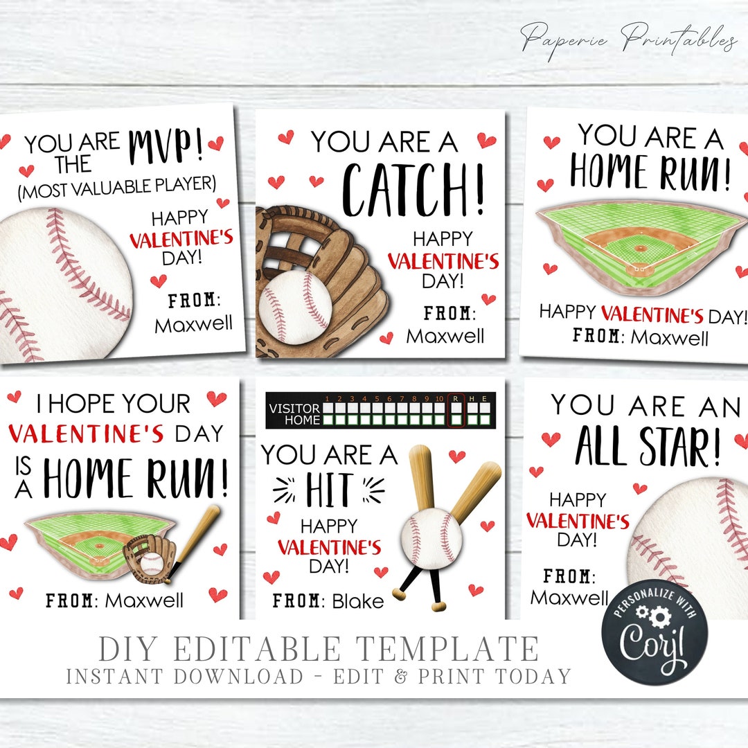 Editable Baseball Valentine Cards: DIY Sports Tags (digital Download ...