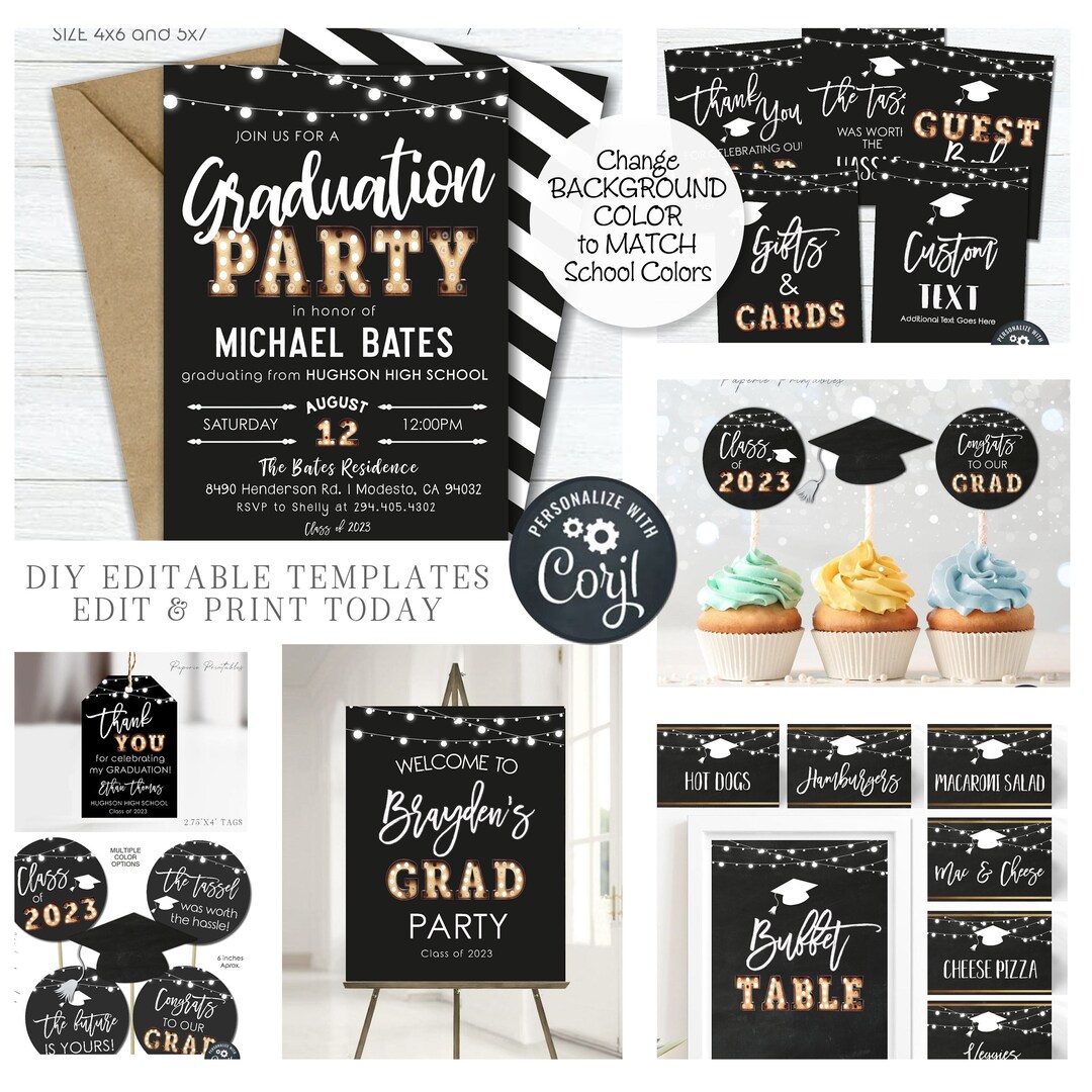 Editable Graduation Party Bundle: School Colors, Invitation, Decor (DIY ...
