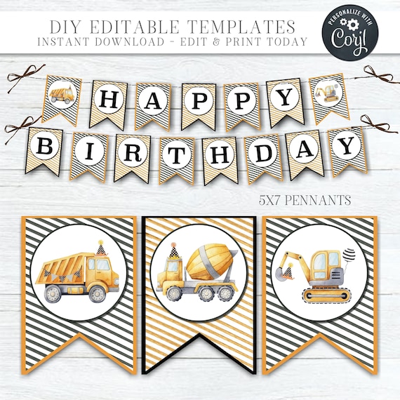 EDITABLE Construction Happy Birthday Banner Construction - Etsy