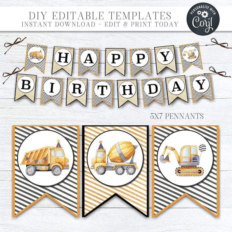 EDITABLE Construction Happy Birthday Banner Construction - Etsy