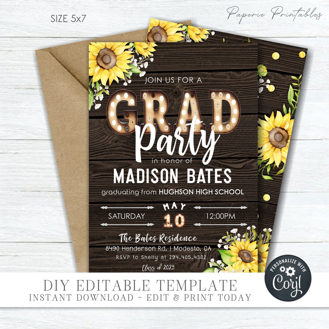 EDITABLE Sunflower Grad Party Template, Sunflower Graduation Party ...