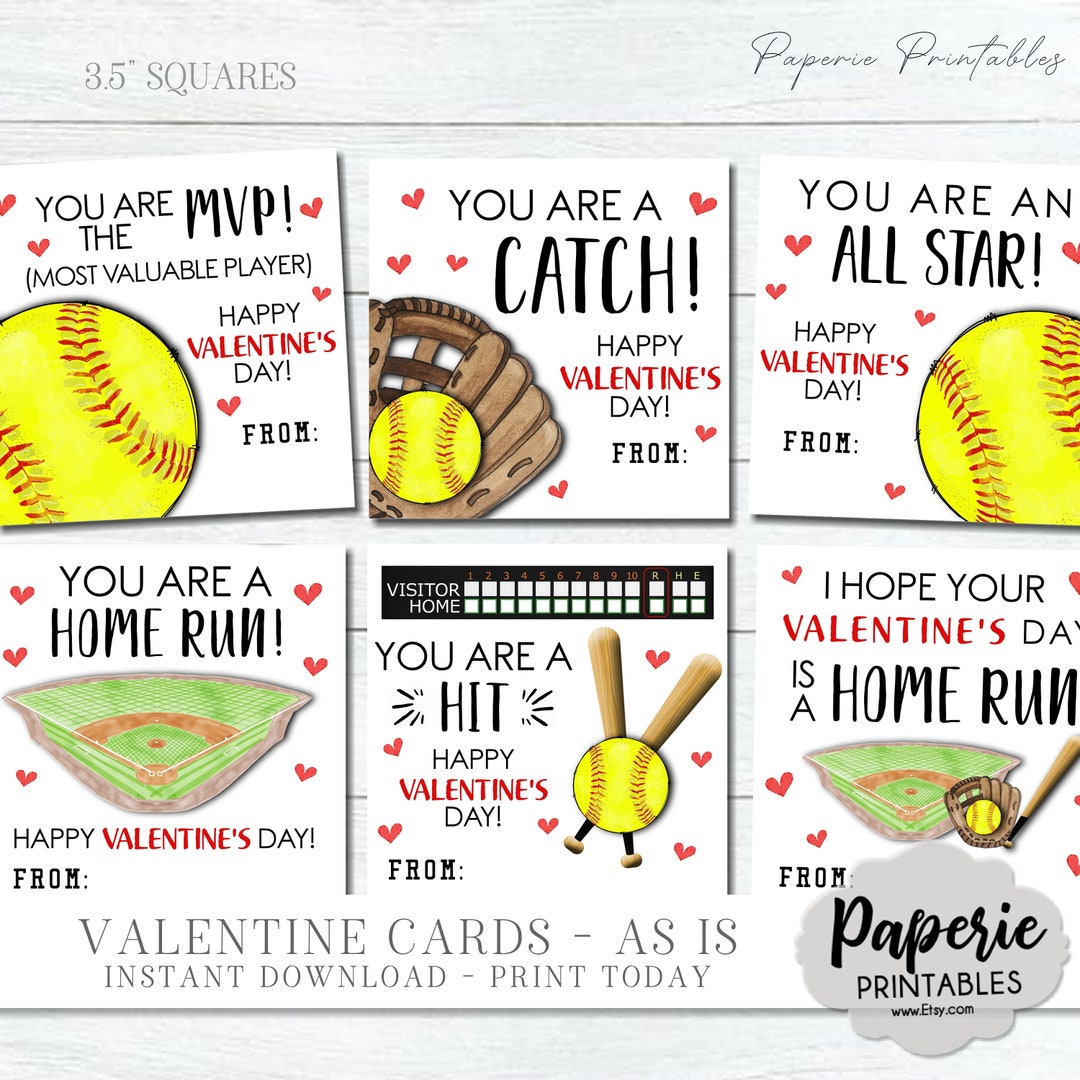 Softball Valentine's Day Cards for Kids: Printable School Valentines ...