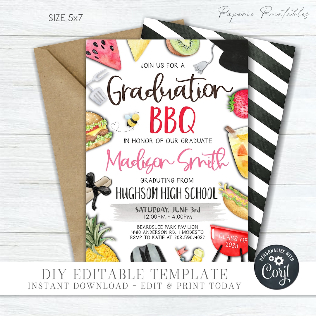 EDITABLE Graduation BBQ Invitation, Graduation Party Template, Picnic ...