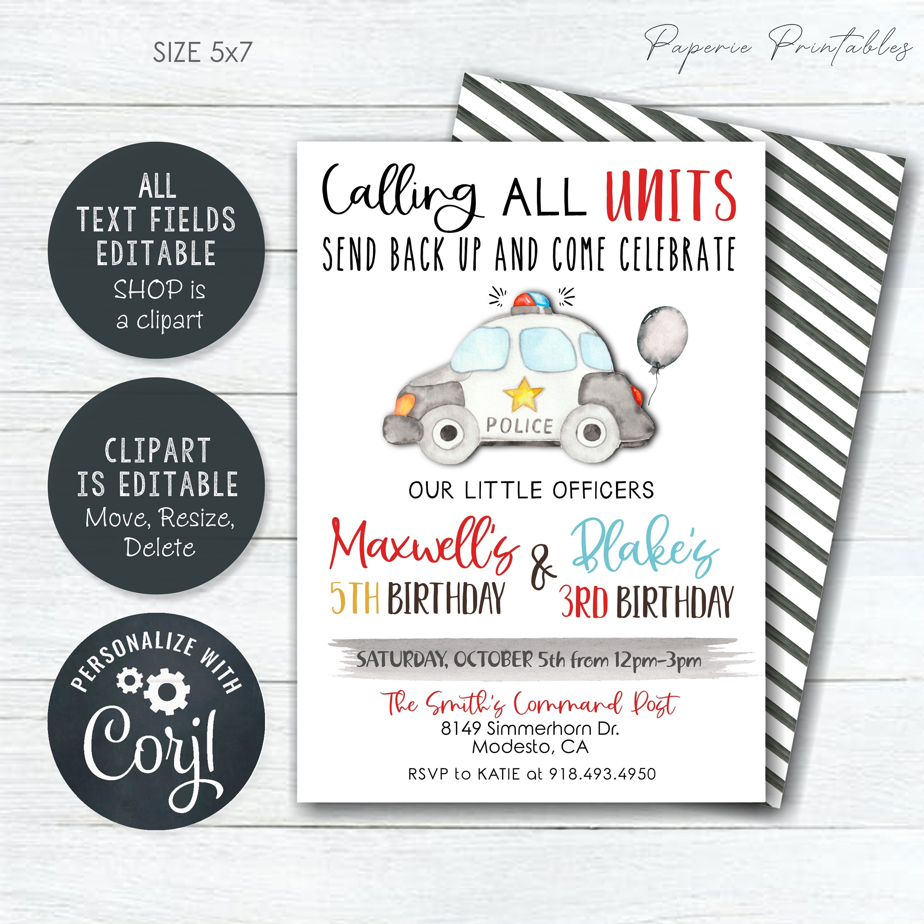 EDITABLE Siblings Police Birthday Invitation Police Party - Etsy