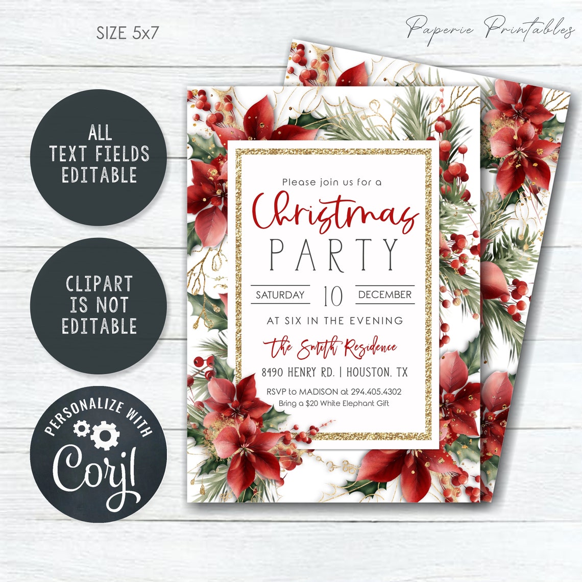 Floral Christmas Party Invitation Template (DIY Editable, 5x7, Digital ...