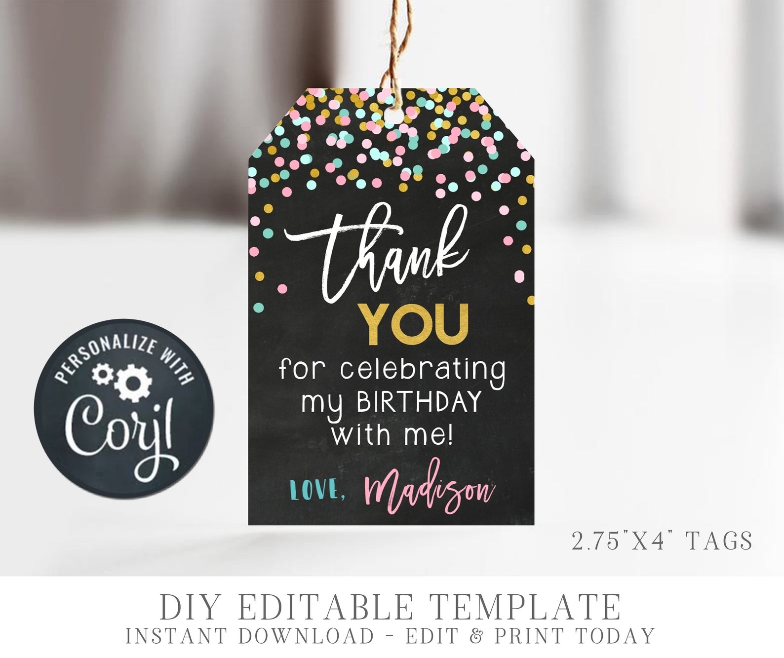 EDITABLE Confetti Party Favor Tag Editable Favor Tag Girl | Etsy