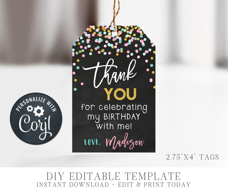 EDITABLE Confetti Birthday Favor Tag Editable Favor Tag Girl | Etsy