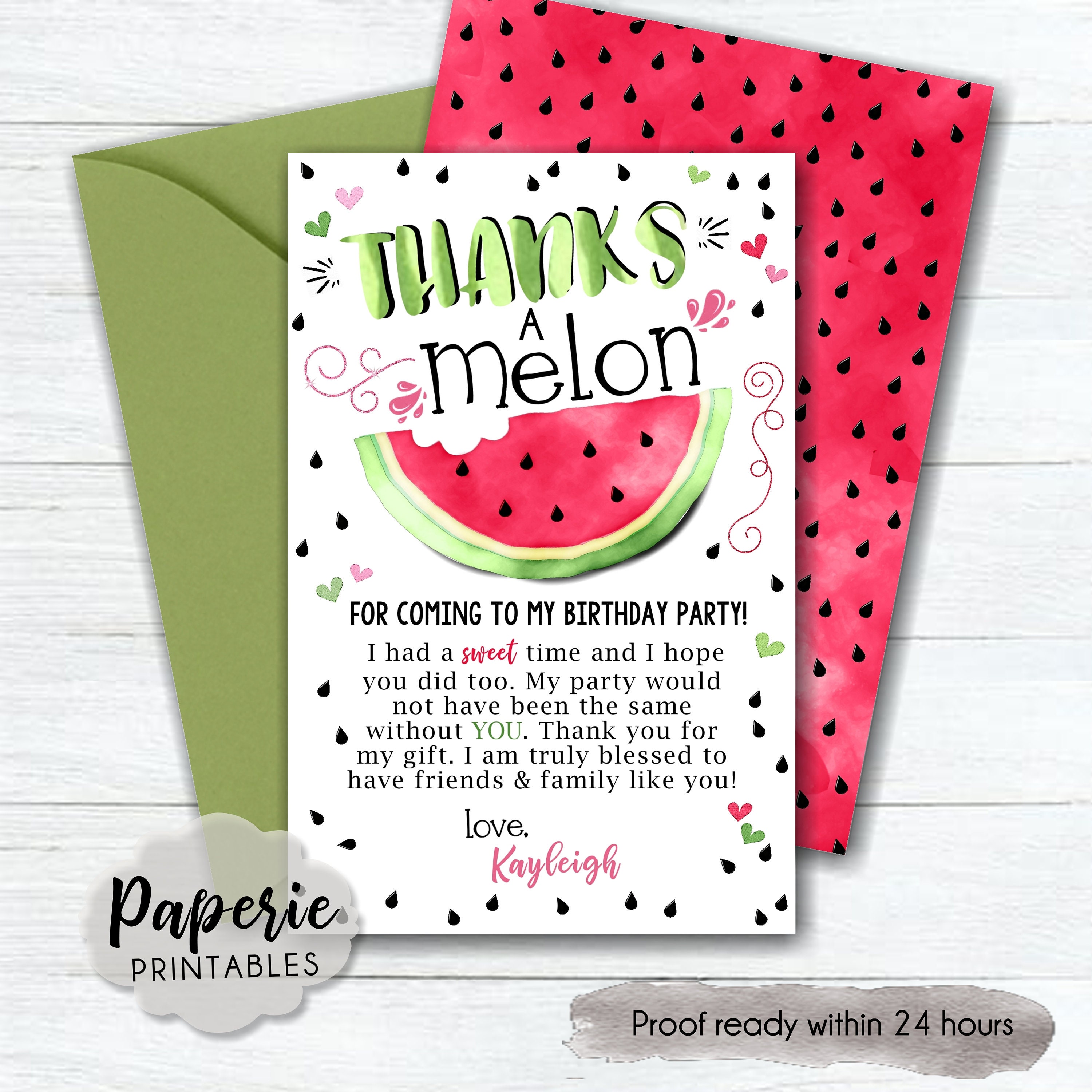 Watermelon Theme Birthday Thank You Card One in a Melon - Etsy