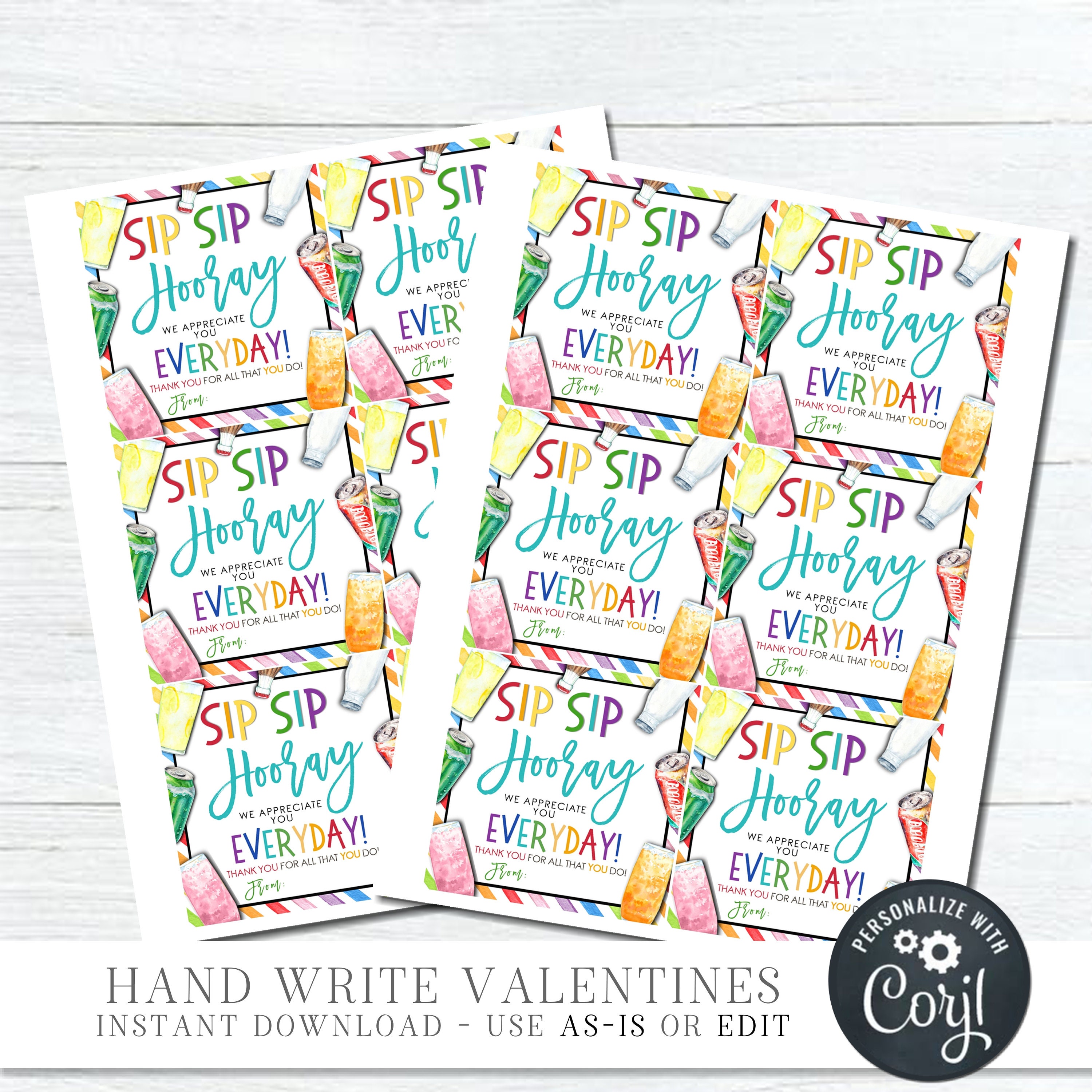 Editable Teacher Appreciation Gift Tag: Sip Sip Hooray (DIY Corjl ...