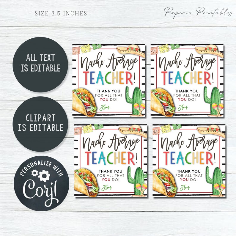 EDITABLE Nacho Average Teacher Appreciation Gift Tag Taco - Etsy