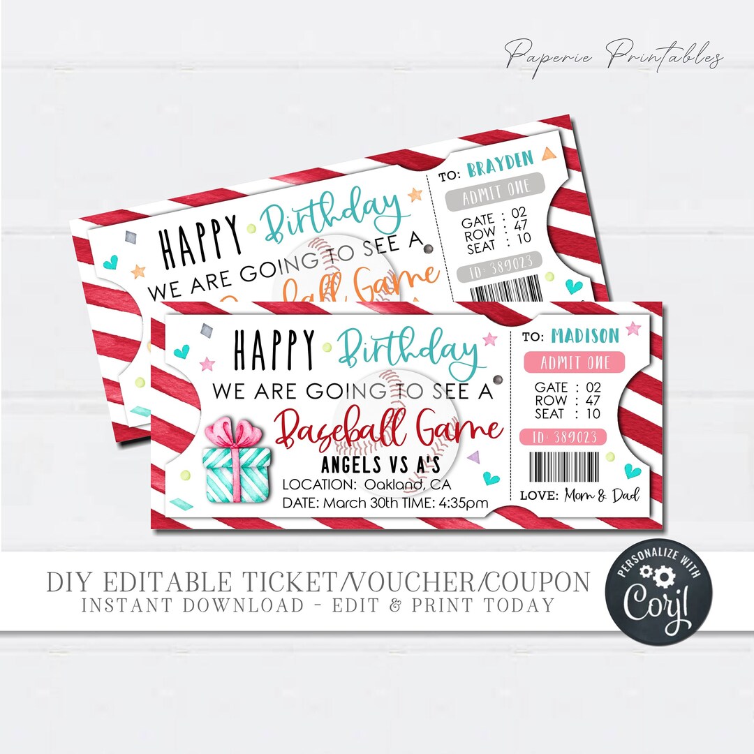 Editable Birthday Baseball Game Ticket Template (DIY Corjl) #BC05 - Etsy