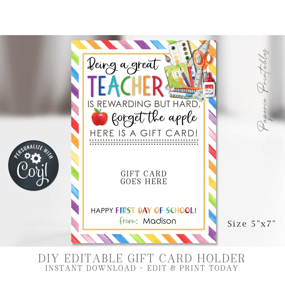 EDITABLE First Day of School Teacher Gift Card Holder, Teacher 1st Day ...
