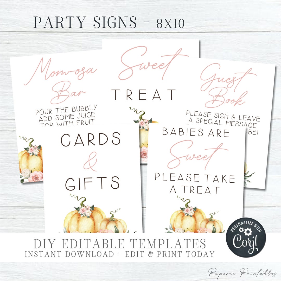 Fall Pumpkin Baby Shower Signs: DIY Editable Party Decor (digital ...