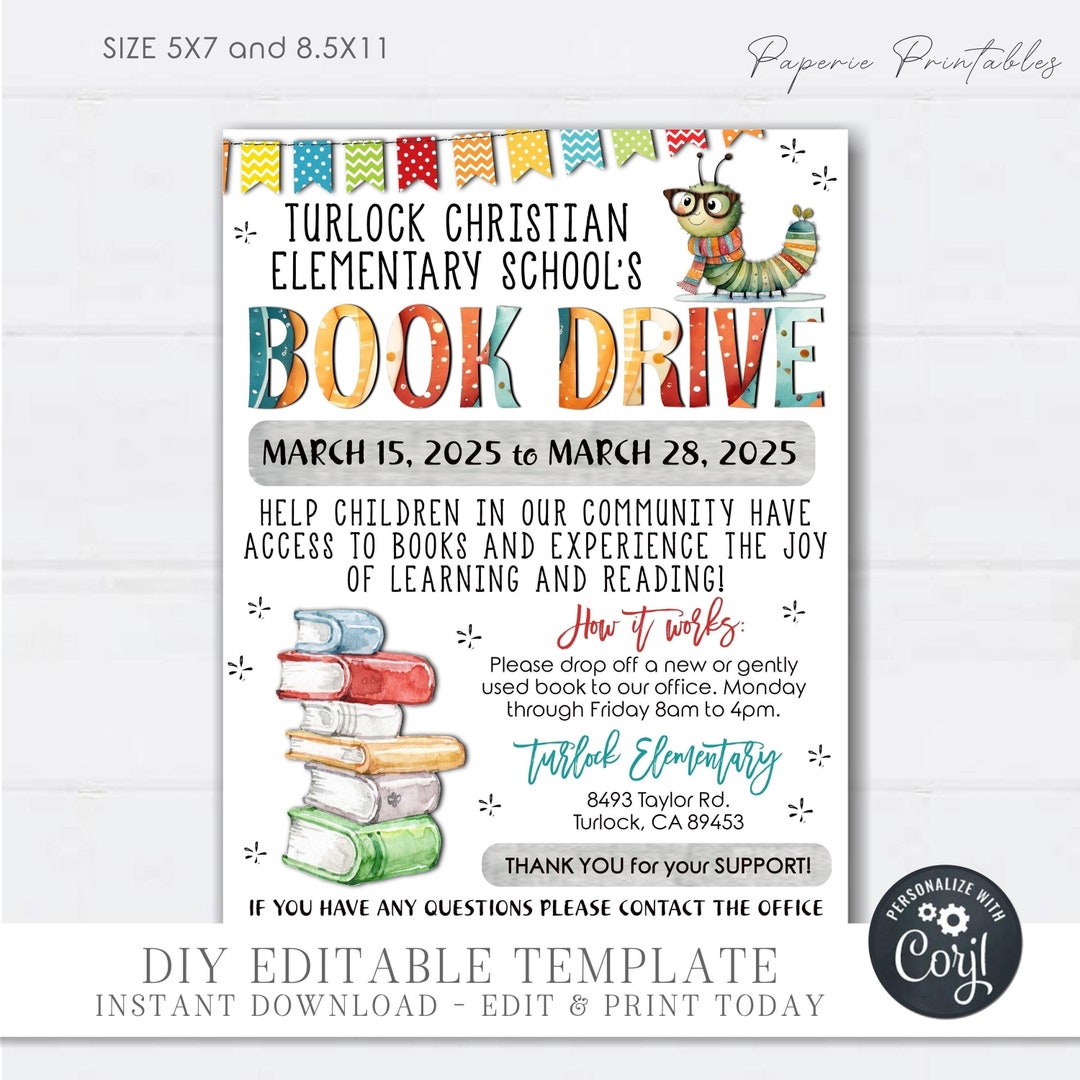 Editable School Book Drive Flyer Template (5x7 & 8.5x11) (DIY W/corjl ...