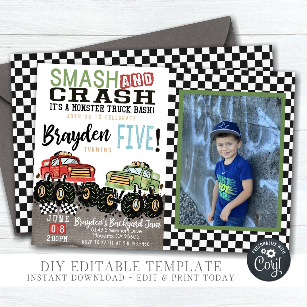 Editable Monster Truck Birthday Invitation: Photo Template (DIY Digital ...