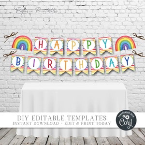 EDITABLE Rainbow Birthday Decorations, Happy Birthday Banner, Rainbow ...