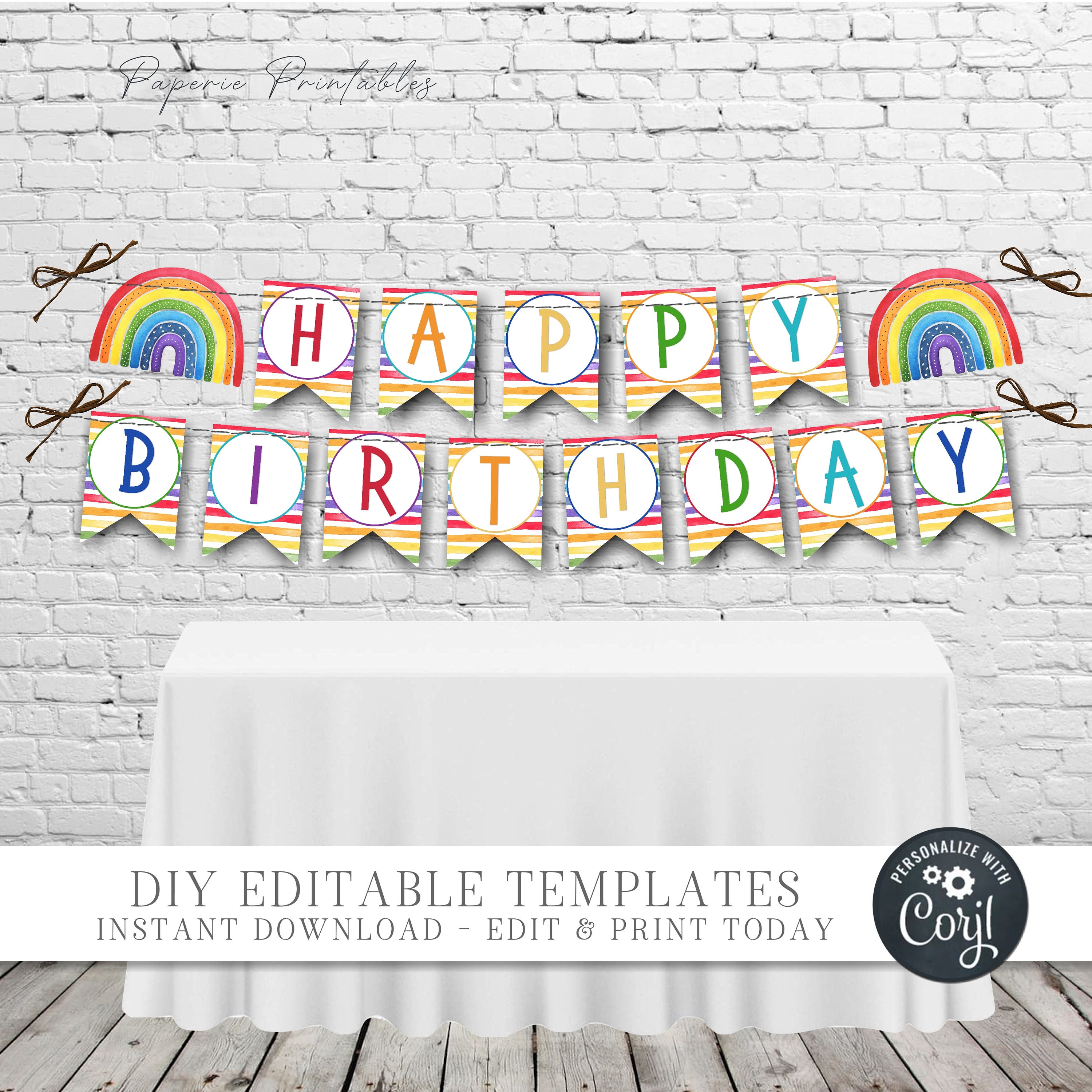 Editable Rainbow Birthday Banner: DIY Pennant Decorations (digital ...