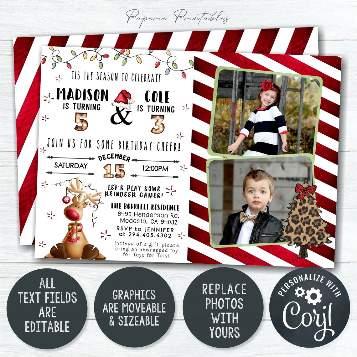 EDITABLE Christmas Birthday Invitation Girl Boy Twins & - Etsy