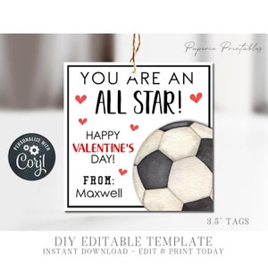 Editable Soccer Valentine Cards: Kids Printable Tags (DIY Corjl) - Etsy