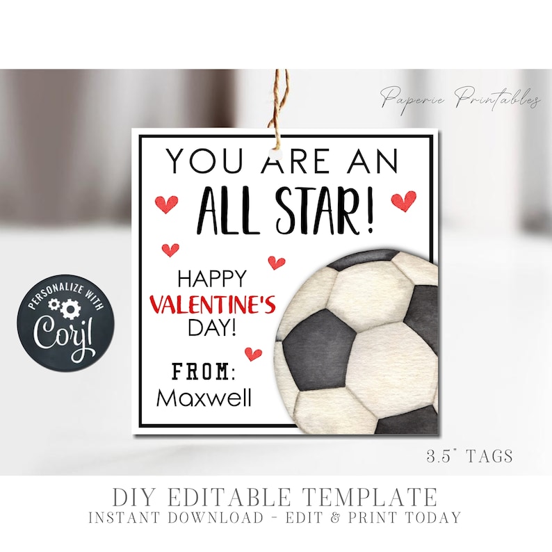 Editable Soccer Valentine Cards: Kids Printable Tags (DIY Corjl) - Etsy