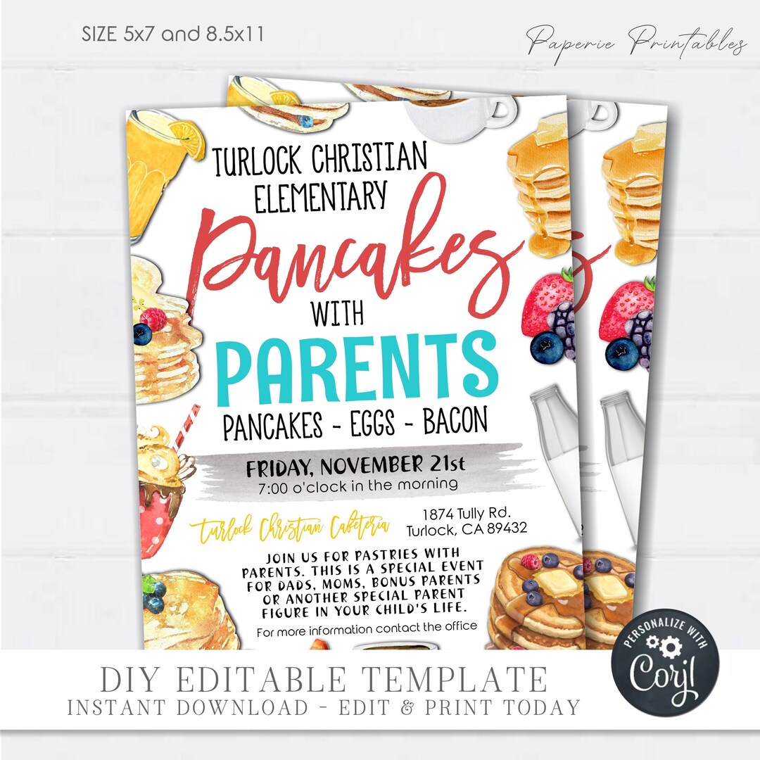 EDITABLE Pancakes With Parents Flyer, Parent Appreciation Breakfast ...