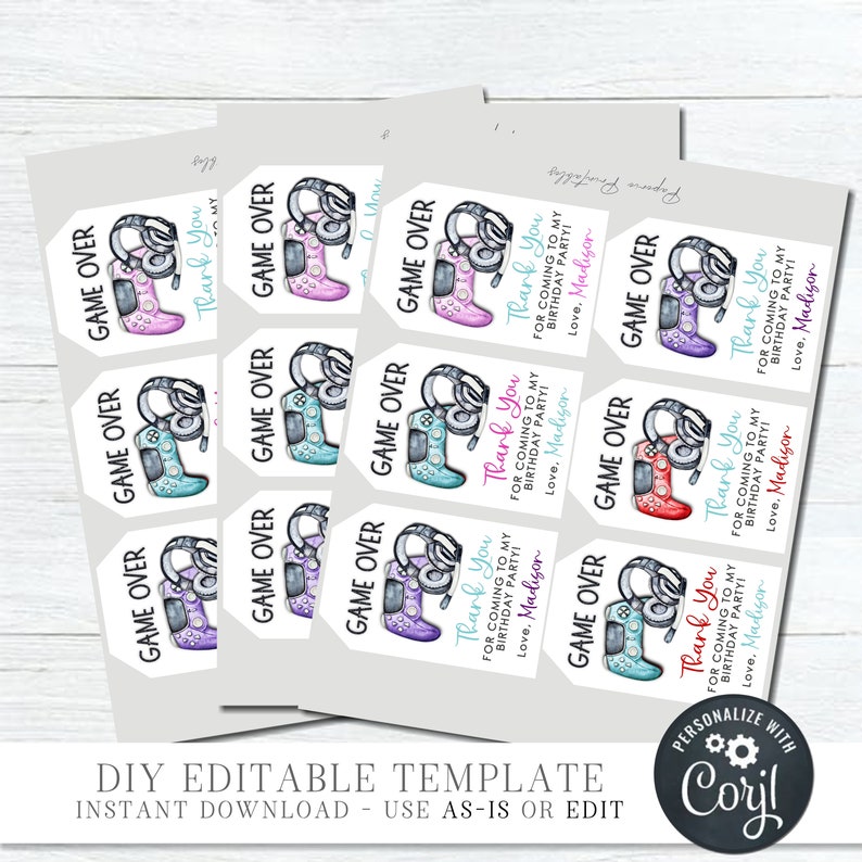 Editable Gaming Party Favor Tags: Video Game Birthday (DIY Corjl ...