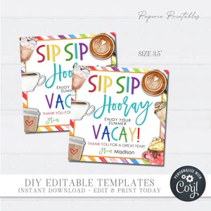 EDITABLE Teacher Appreciation Tag, Sip Sip Hooray Teacher Appreciation ...