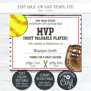 Editable Softball Award Certificates: Team Party Printables (DIY W ...