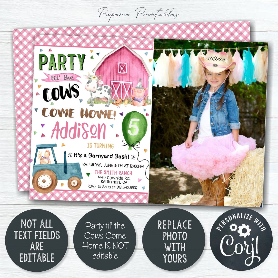EDITABLE Girl Farm Birthday Invitation Barnyard Birthday | Etsy