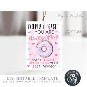 EDITABLE Donut Teacher Appreciation Gift Tag, Teacher Appreciation Card ...