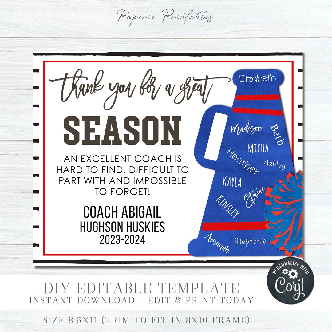 Editable Cheerleading Coach Gift Printable: Team Appreciation (DIY W ...