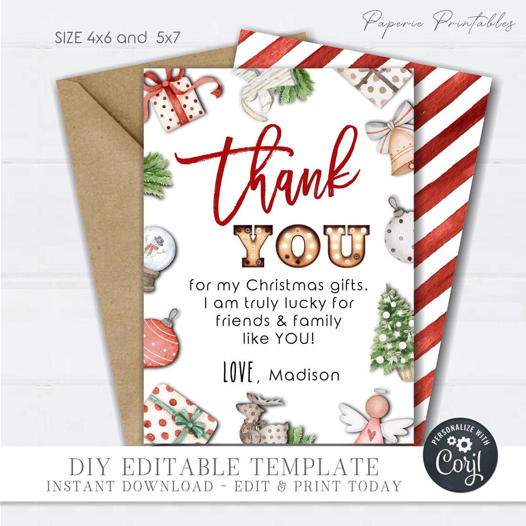 Editable Christmas Thank You Card: DIY Flat Card (4x6 & 5x7) (digital ...