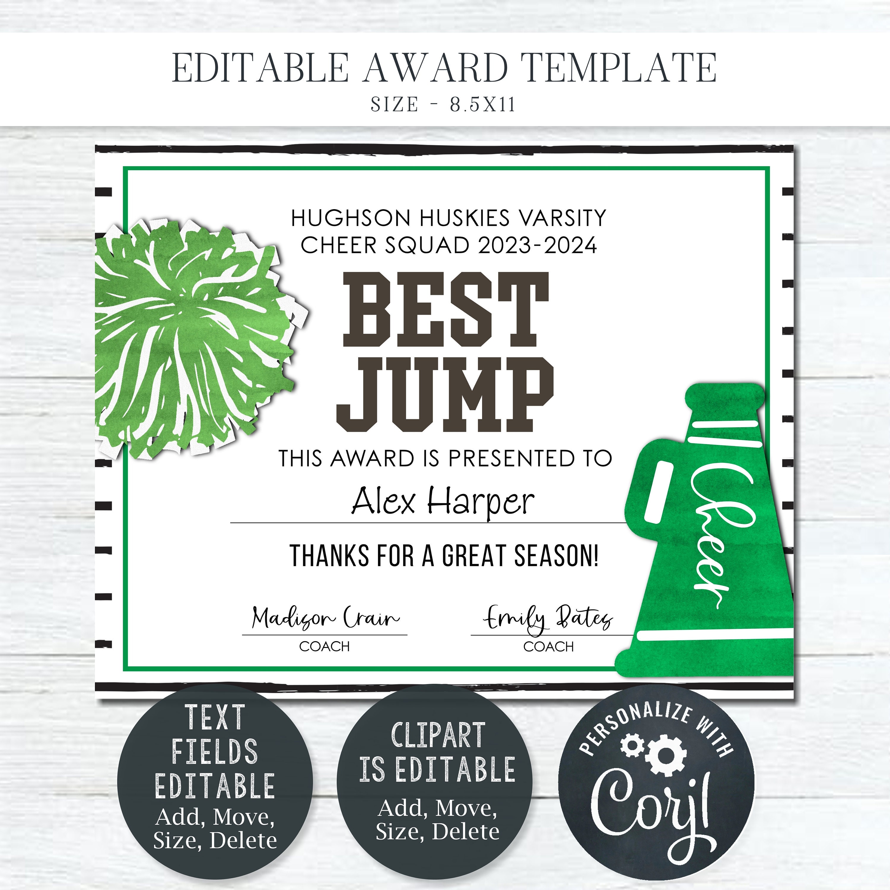 Editable Cheerleading Award Certificate: Green & White Team (DIY W ...