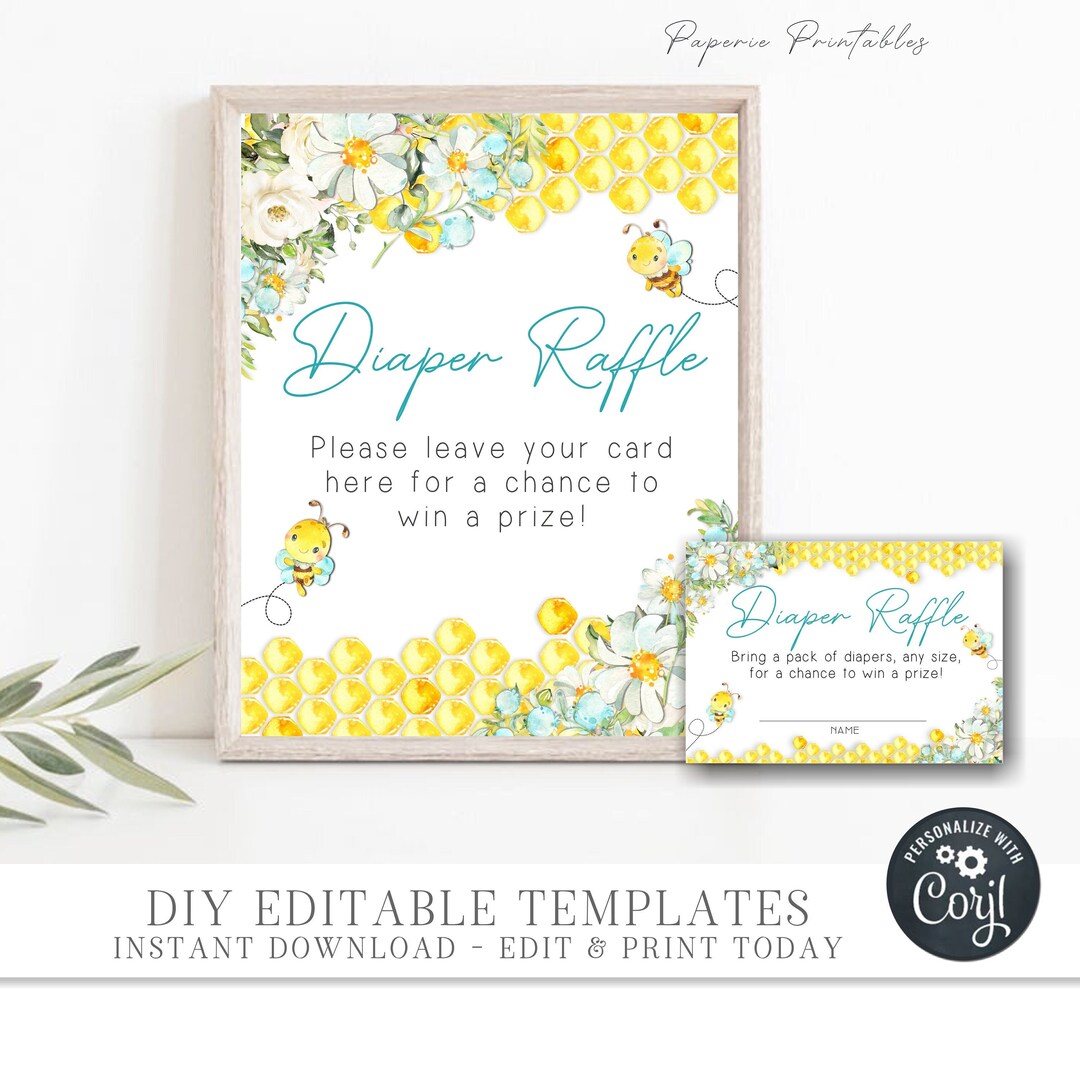 Letrero y tarjetas editables para la rifa de pañales de abeja (descarga ...