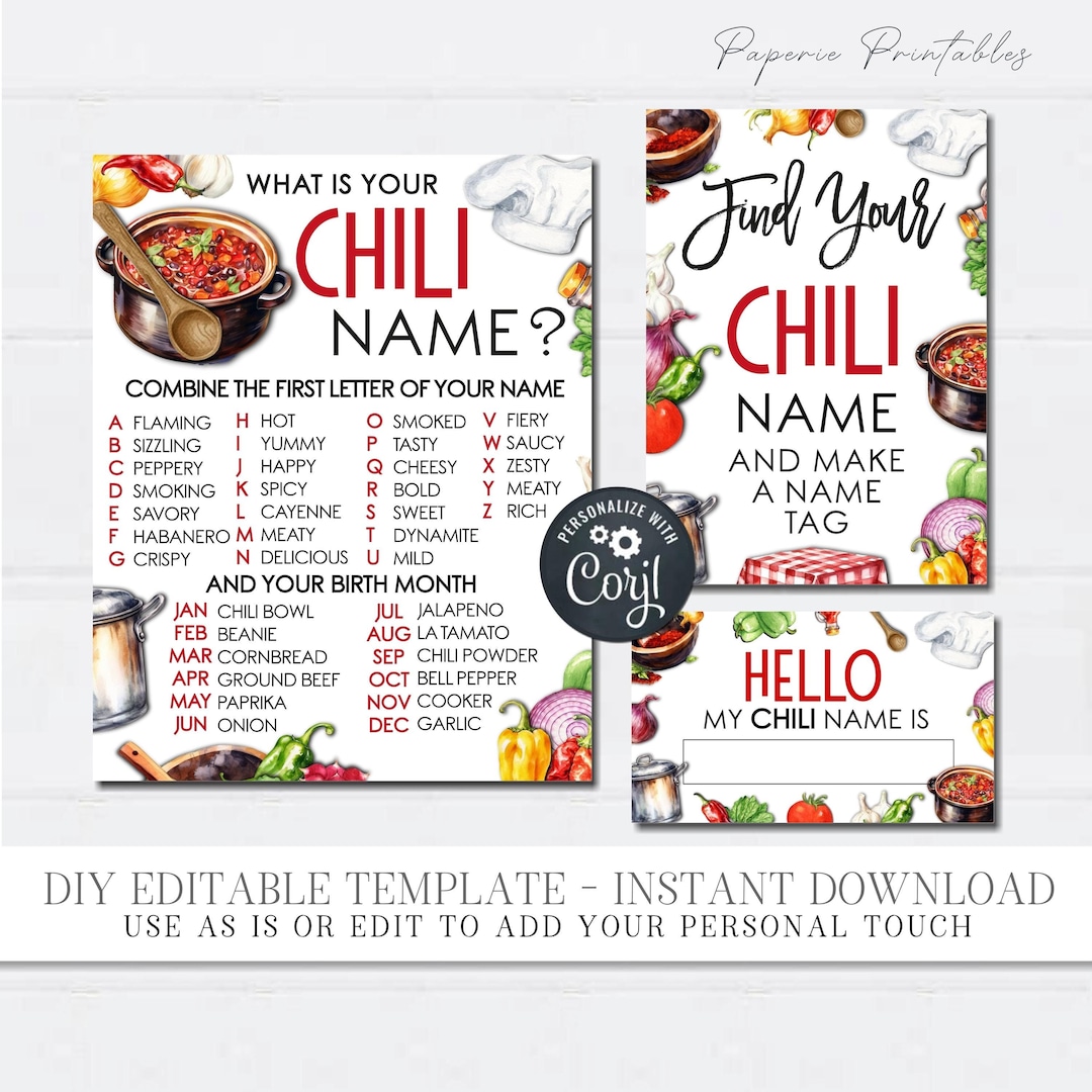 EDITABLE What's Your CHILI Name Game, Chili Cook off Party Game, Chili ...