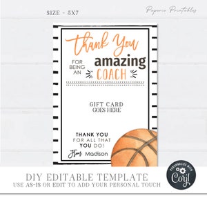 EDITABLE Basketball Coach Appreciation Gift Card Holder, Coach ...