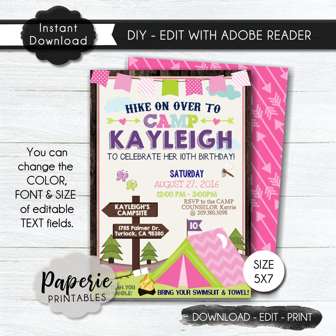 GIRL Camping Party Invitation Glamping Birthday | Etsy