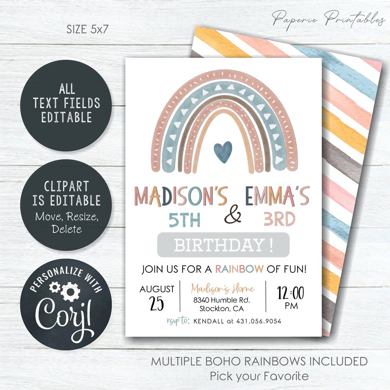 EDITABLE Boho Rainbow Birthday Invitation Rainbow Invitation - Etsy