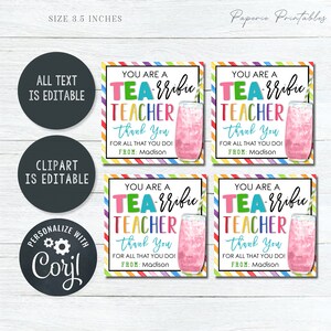 EDITABLE You're Tea-riffic Teacher Appreciation Gift Tag, Teacher ...