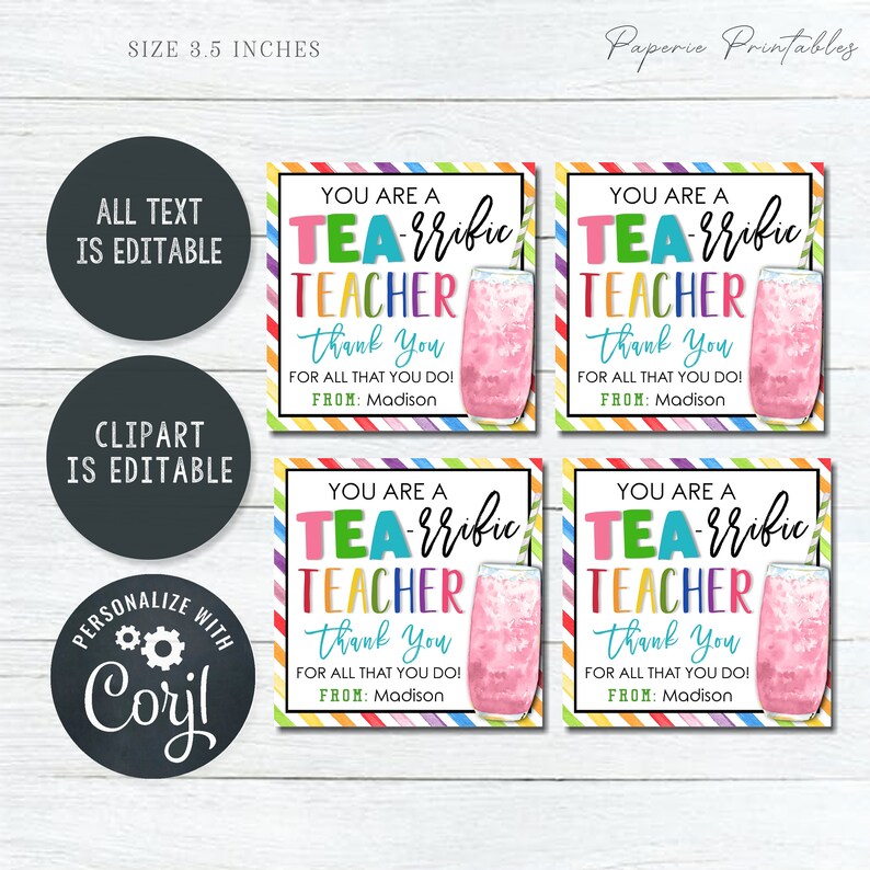 EDITABLE You're Tea-riffic Teacher Appreciation Gift Tag - Etsy
