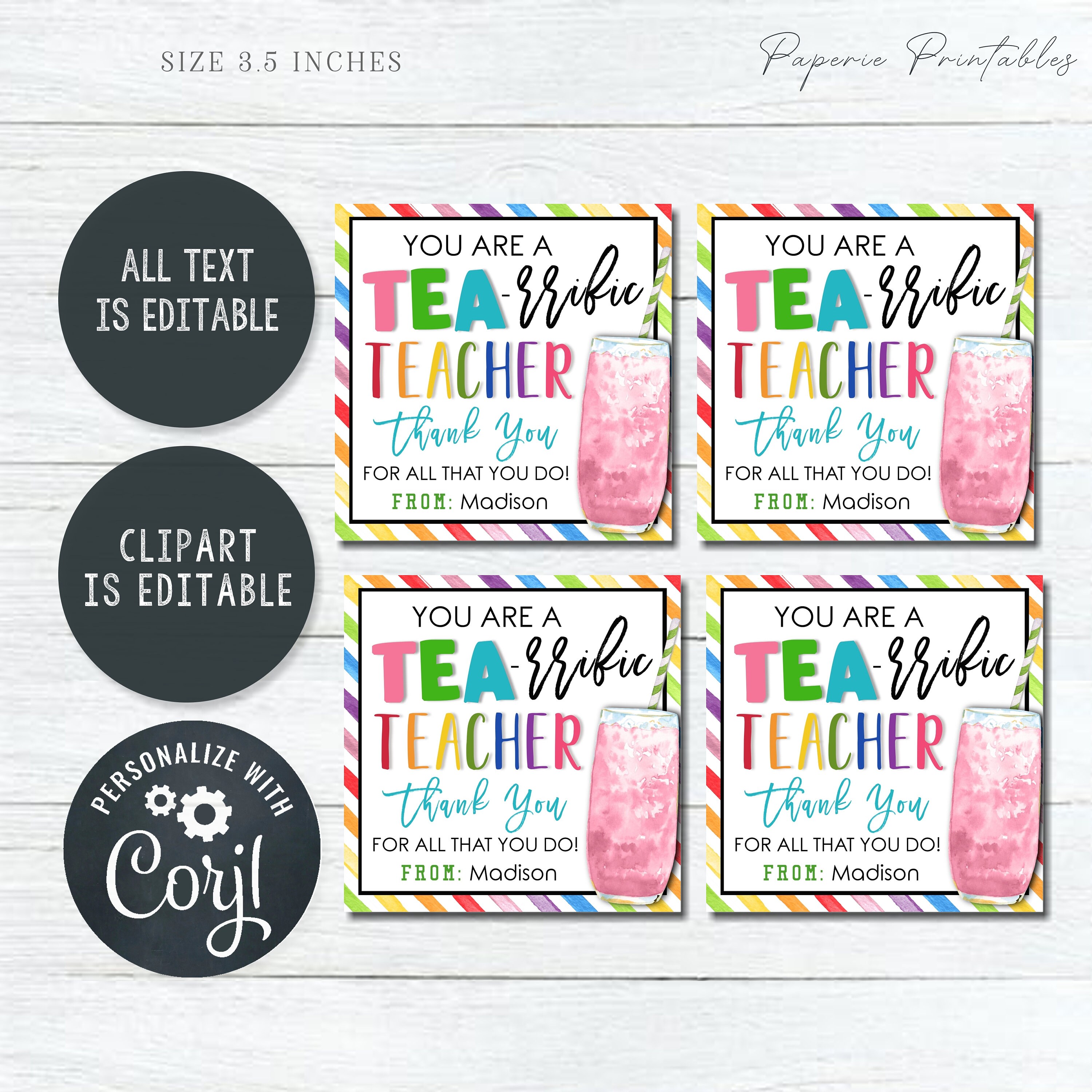 EDITABLE You're Tea-riffic Teacher Appreciation Gift Tag - Etsy
