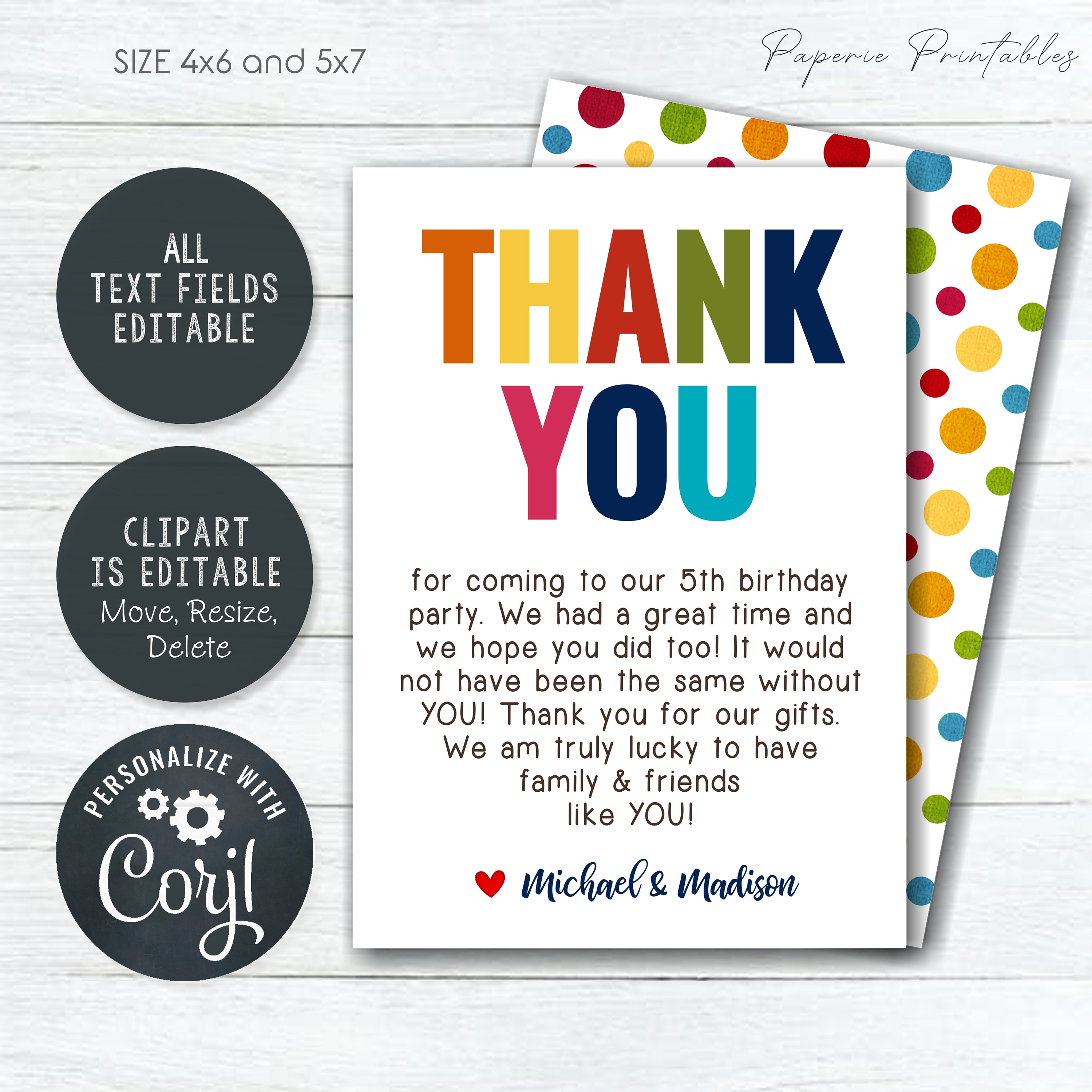 Editable Thank You Card Birthday Party Thank You Card - Etsy