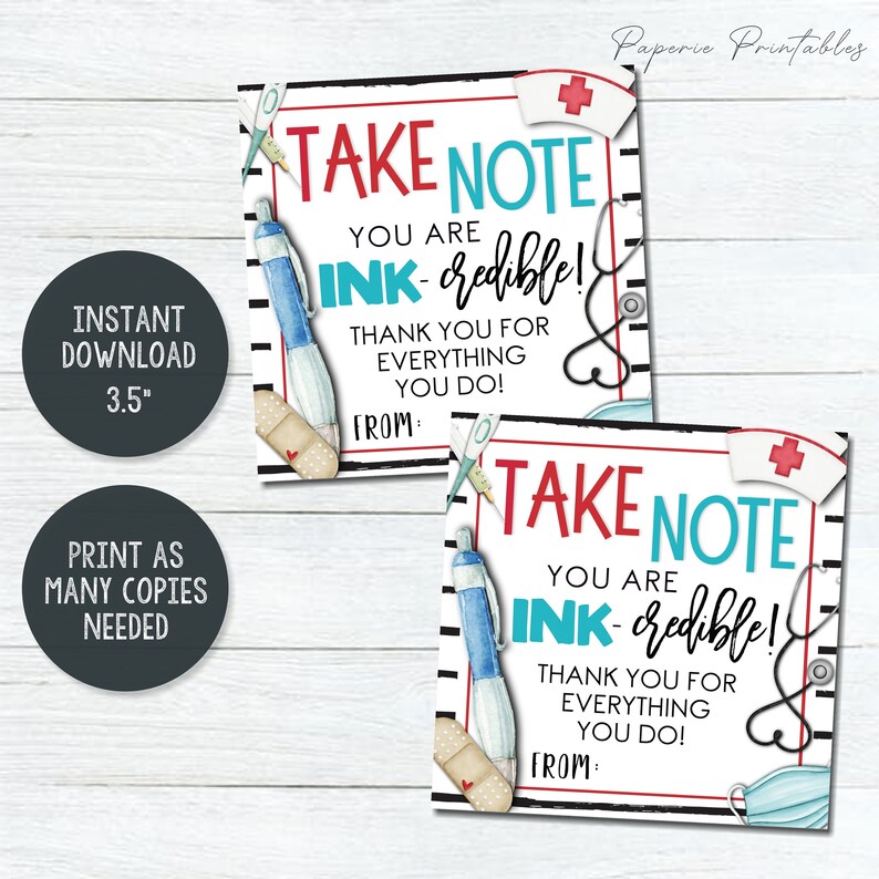 Editable Nurse Appreciation Gift Tag: Ink-credible Thank You (DIY Corjl ...