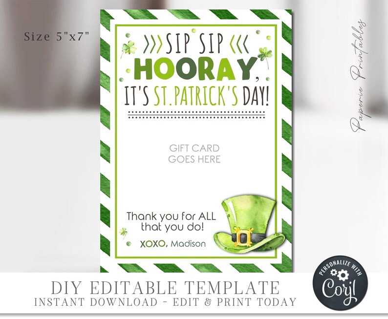 EDITABLE St.patrick's Day Teacher Gift Card Holder Sip - Etsy
