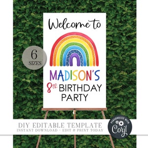 Editable Rainbow Birthday Welcome Sign, Rainbow Party Decoration ...