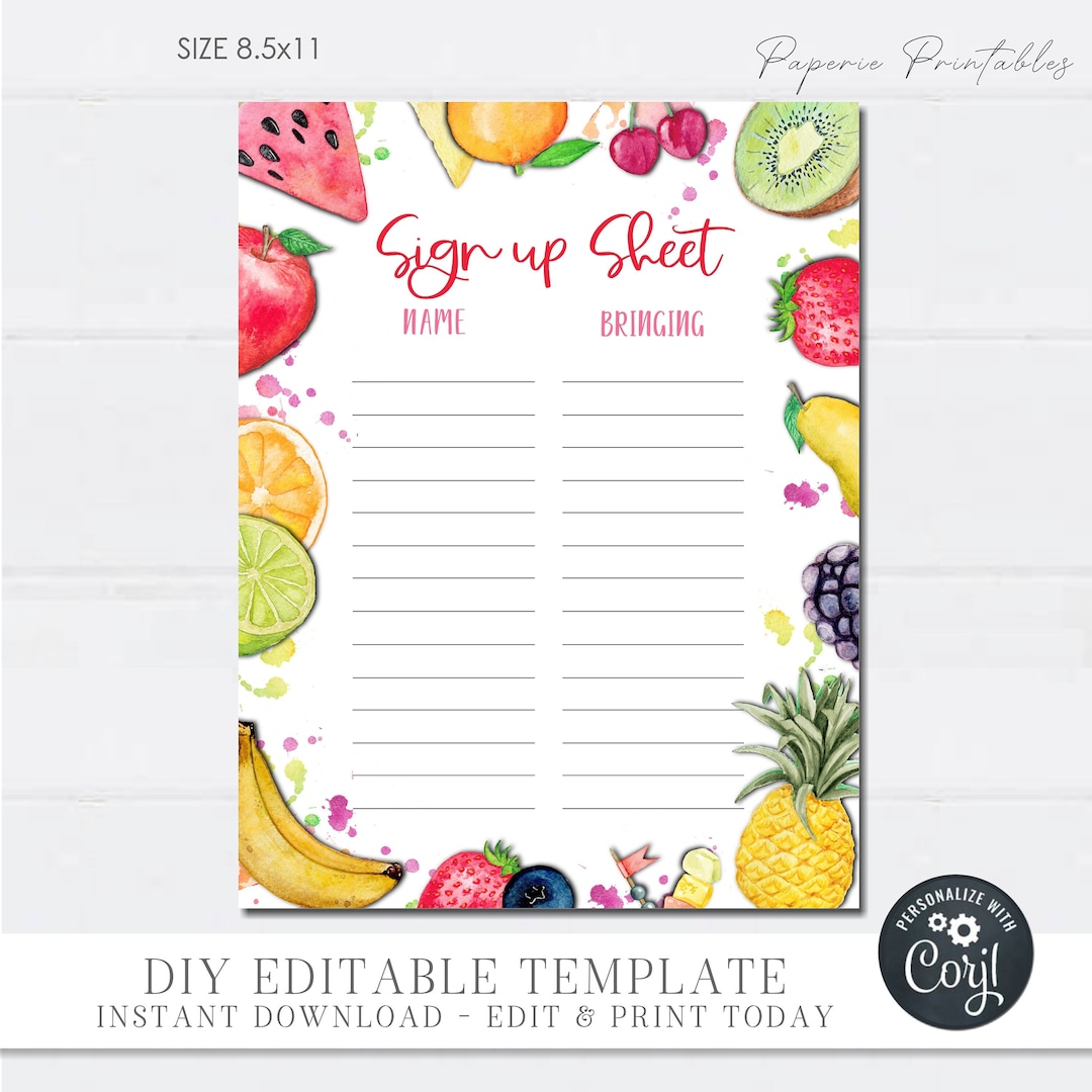 Fruit Potluck Sign up Sheet: Editable Template (DIY With Corjl) #COP06 ...