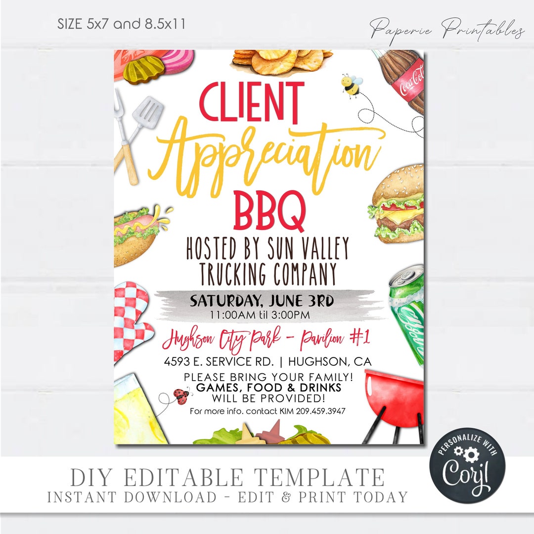 Editable Client Appreciation BBQ Flyer: Company Picnic Invitation (DIY ...