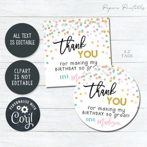 EDITABLE Confetti Birthday Favor Tag, Editable Favor Tag, Girl Birthday ...